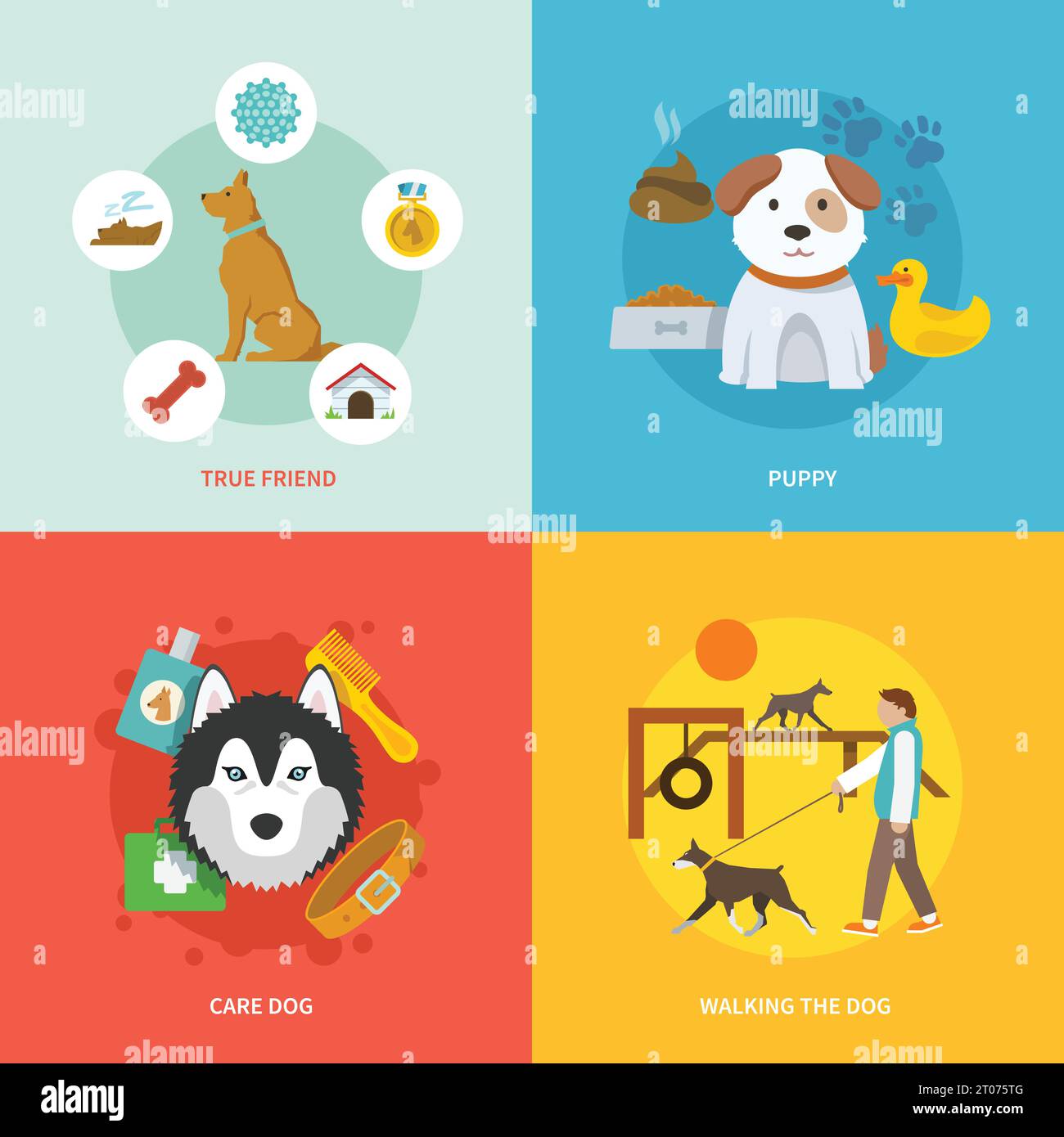 Dog design concept set with true friend puppy care flat icons isolated ...