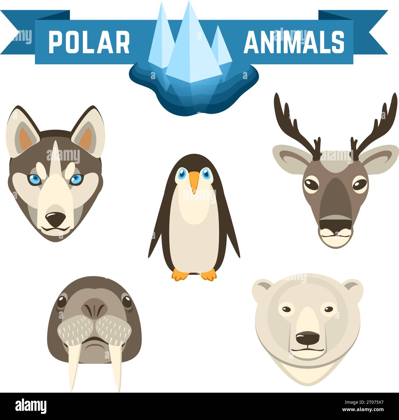 Polar animals decorative icons set with pinguin deer walrus white bear ...