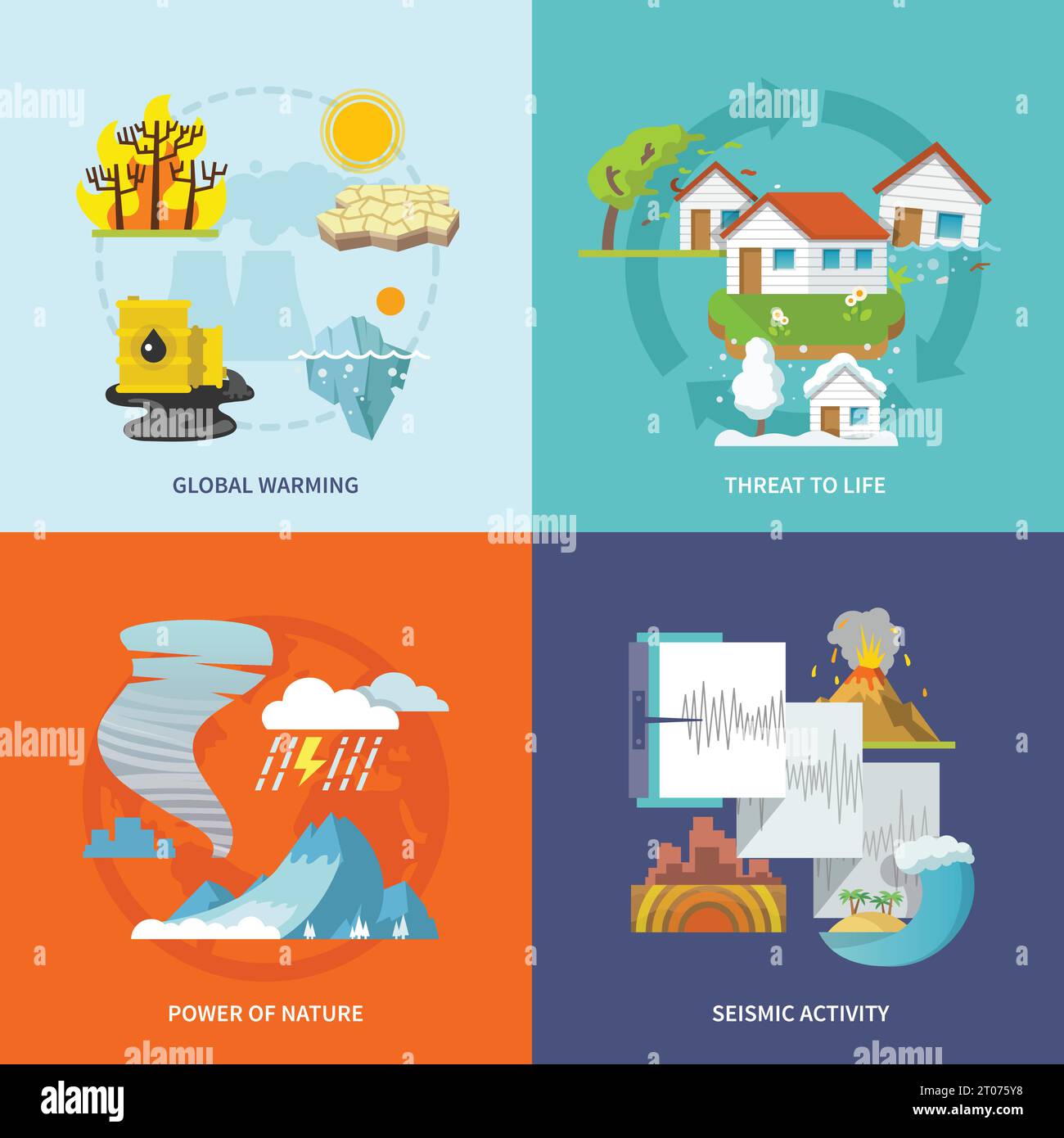 Natural disaster design concept set with global warming life threat ...
