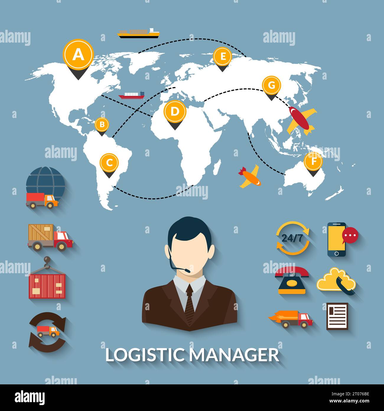 Logistic manager infographics set with delivery business workflow and ...