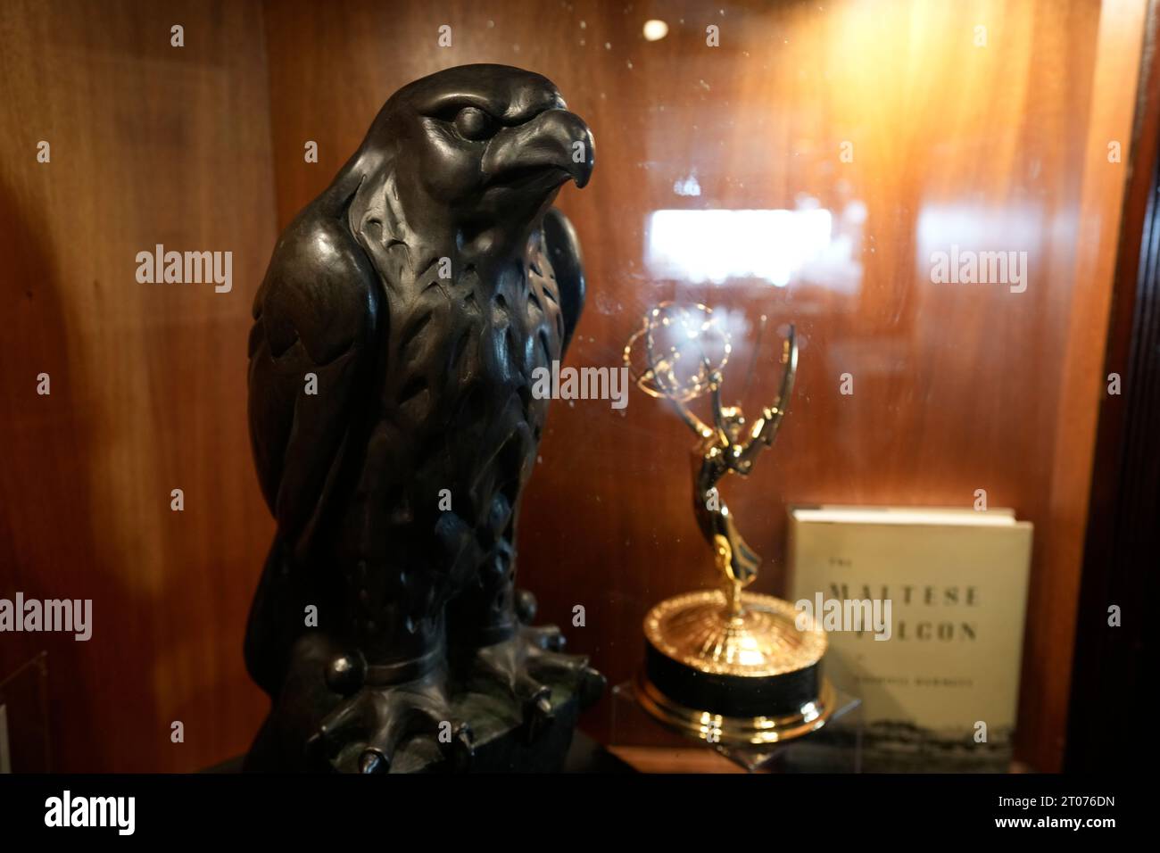 A Maltese Falcon statue is displayed in a case at historic John's Grill ...