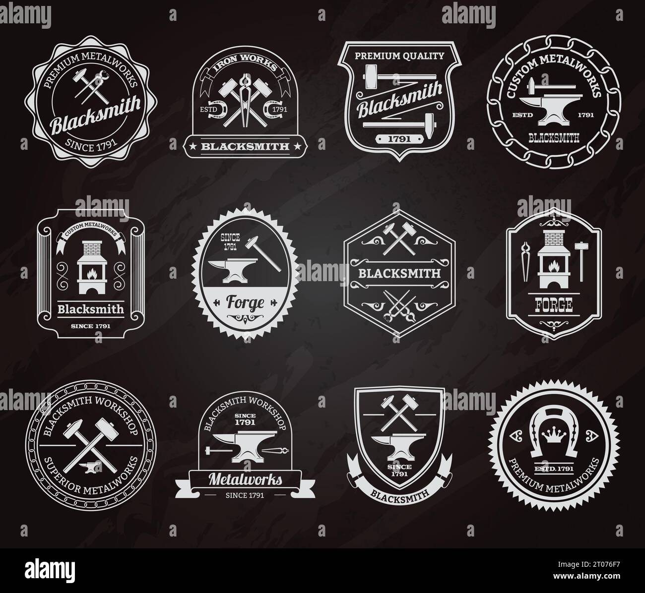 Blacksmith ironworks forge industry equipment label chalkboard set ...
