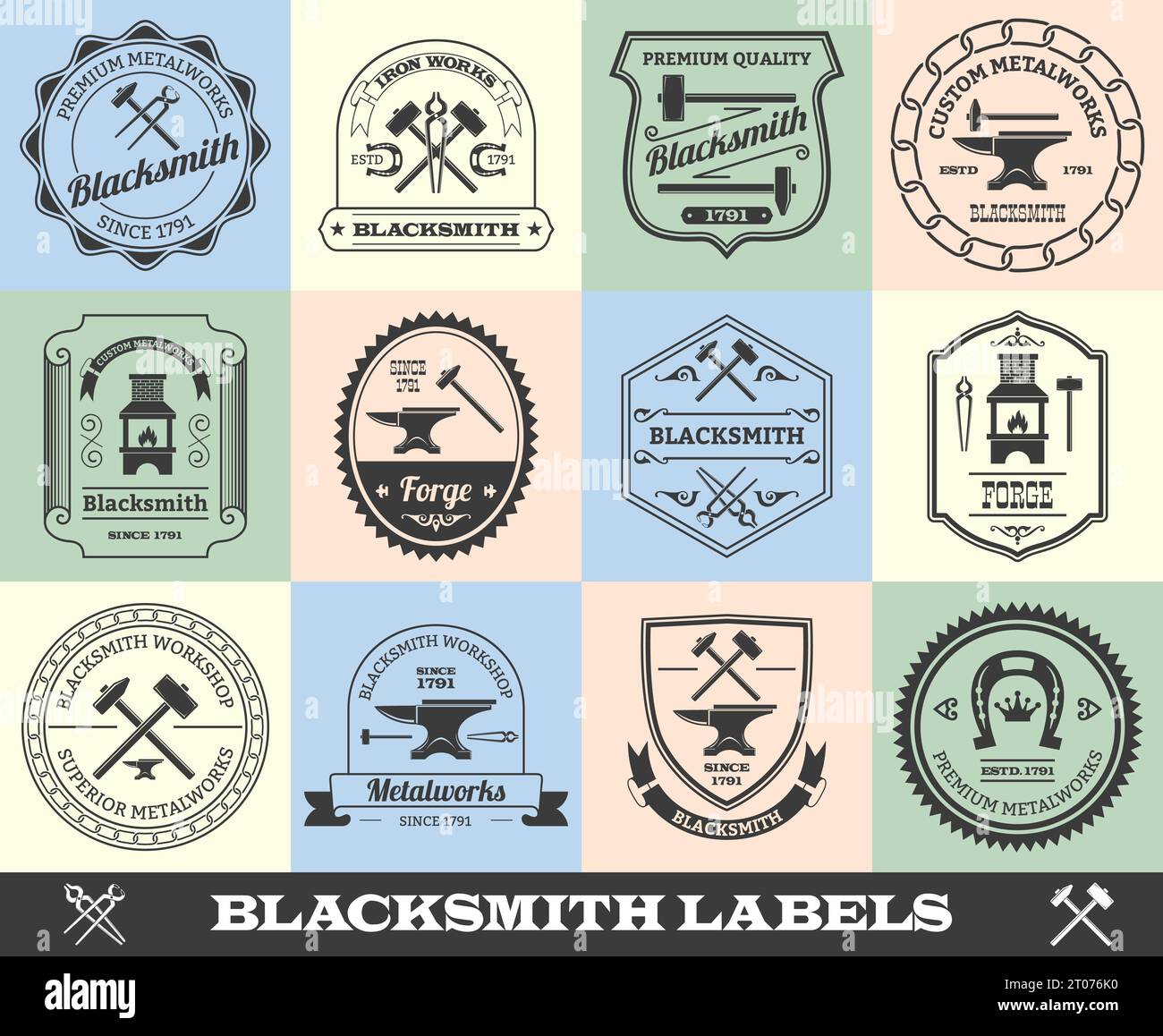 Blacksmith premium quality iron works black label set isolated vector ...