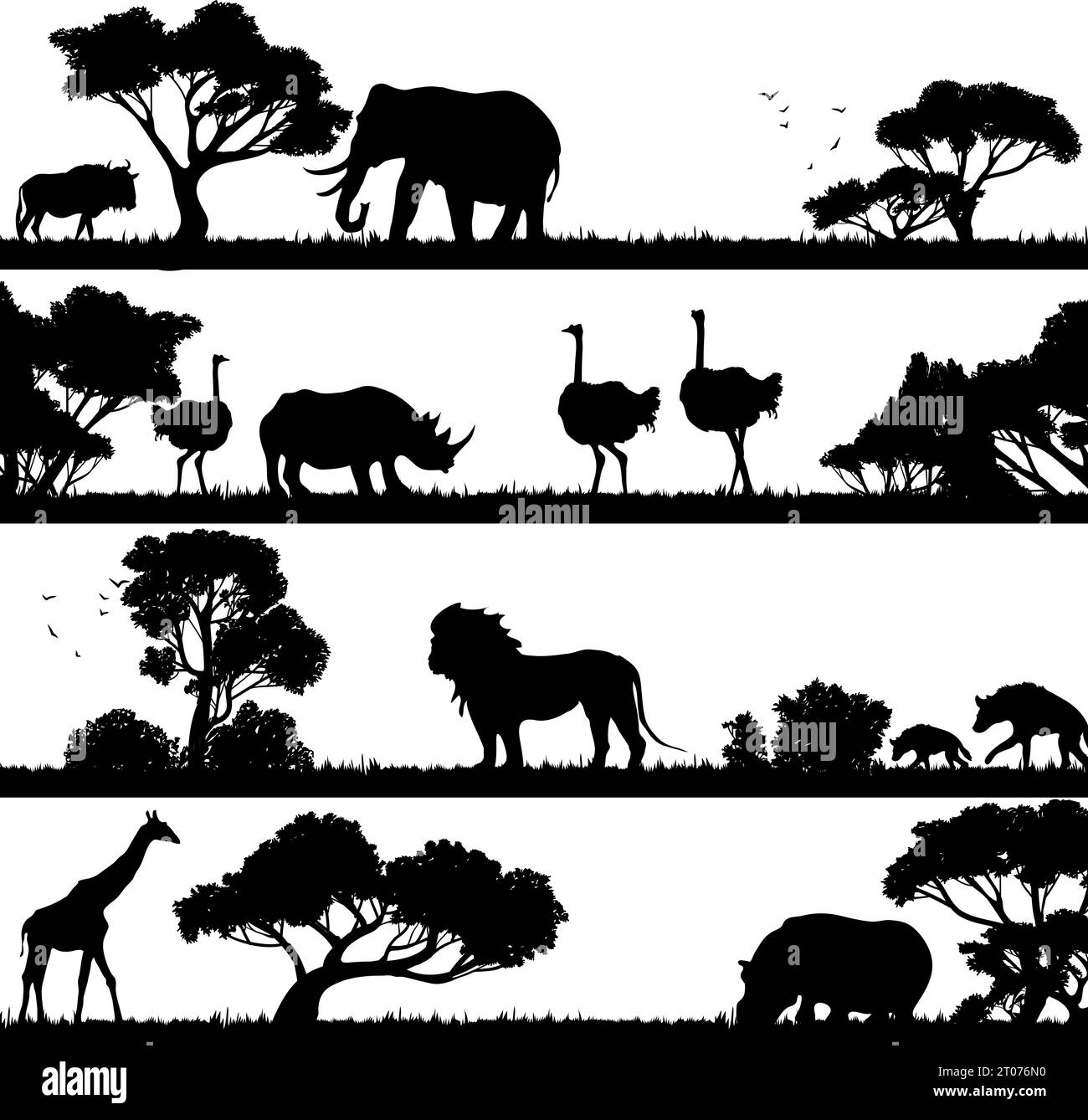 African landscape with trees and wild animals black silhouettes vector ...