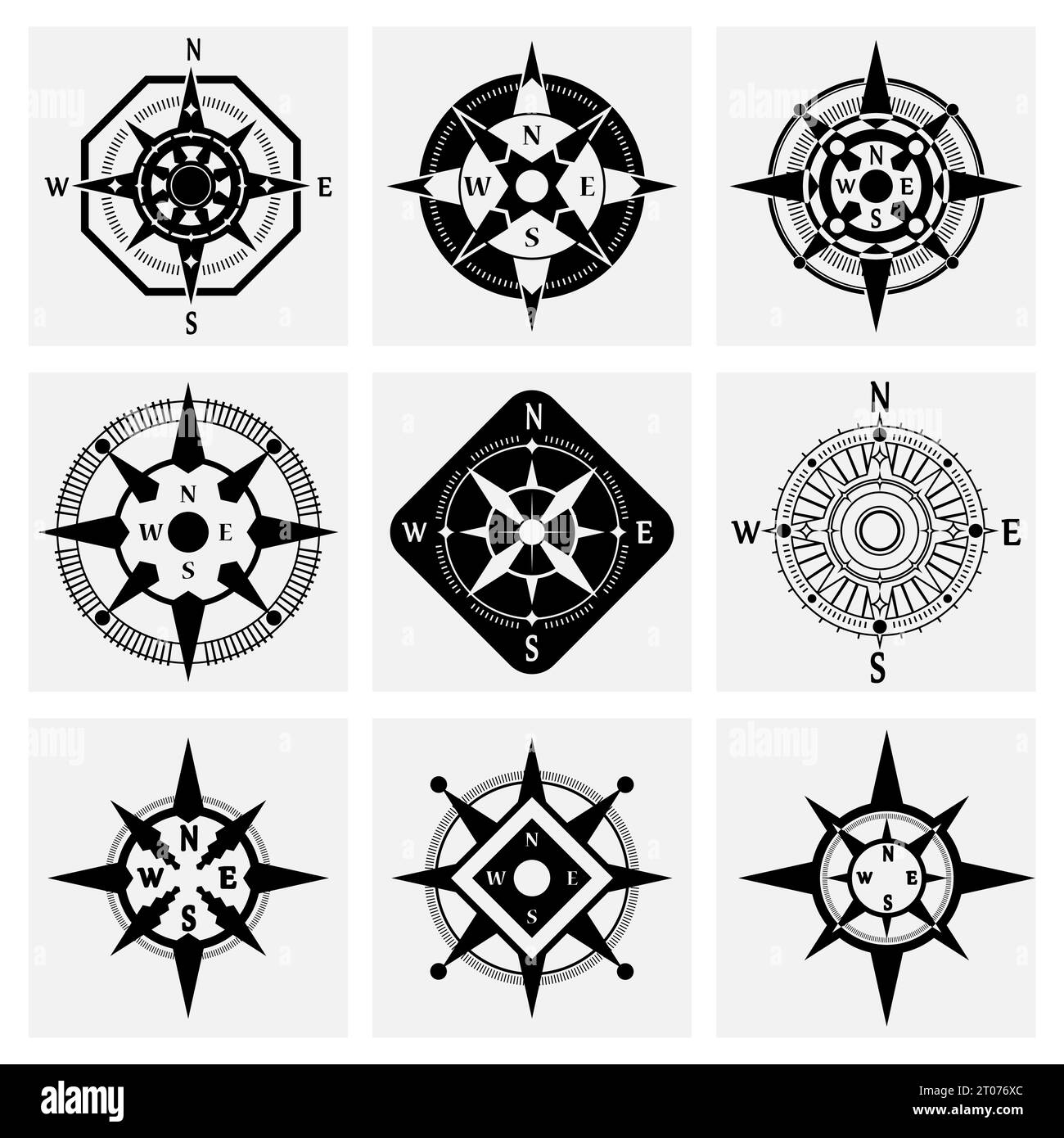 Sea navigation nautical compass wind rose black icons set isolated ...