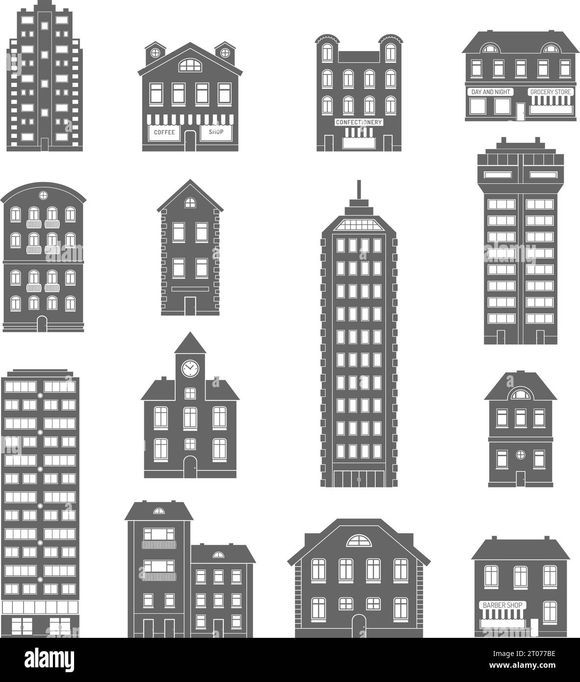 Urban and suburb house and office buildings decorative icons black set ...