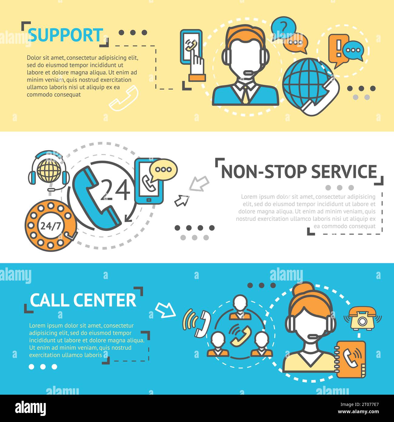 Call center horizontal banner set with non-stop support service ...