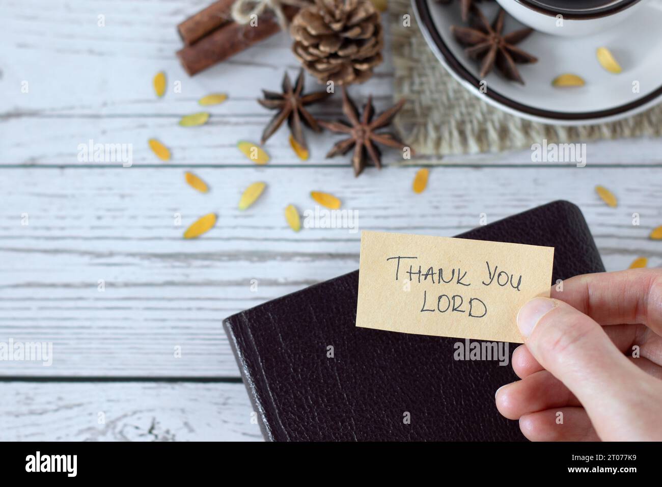 Thank You, LORD, handwritten note in hand over wooden background with ...