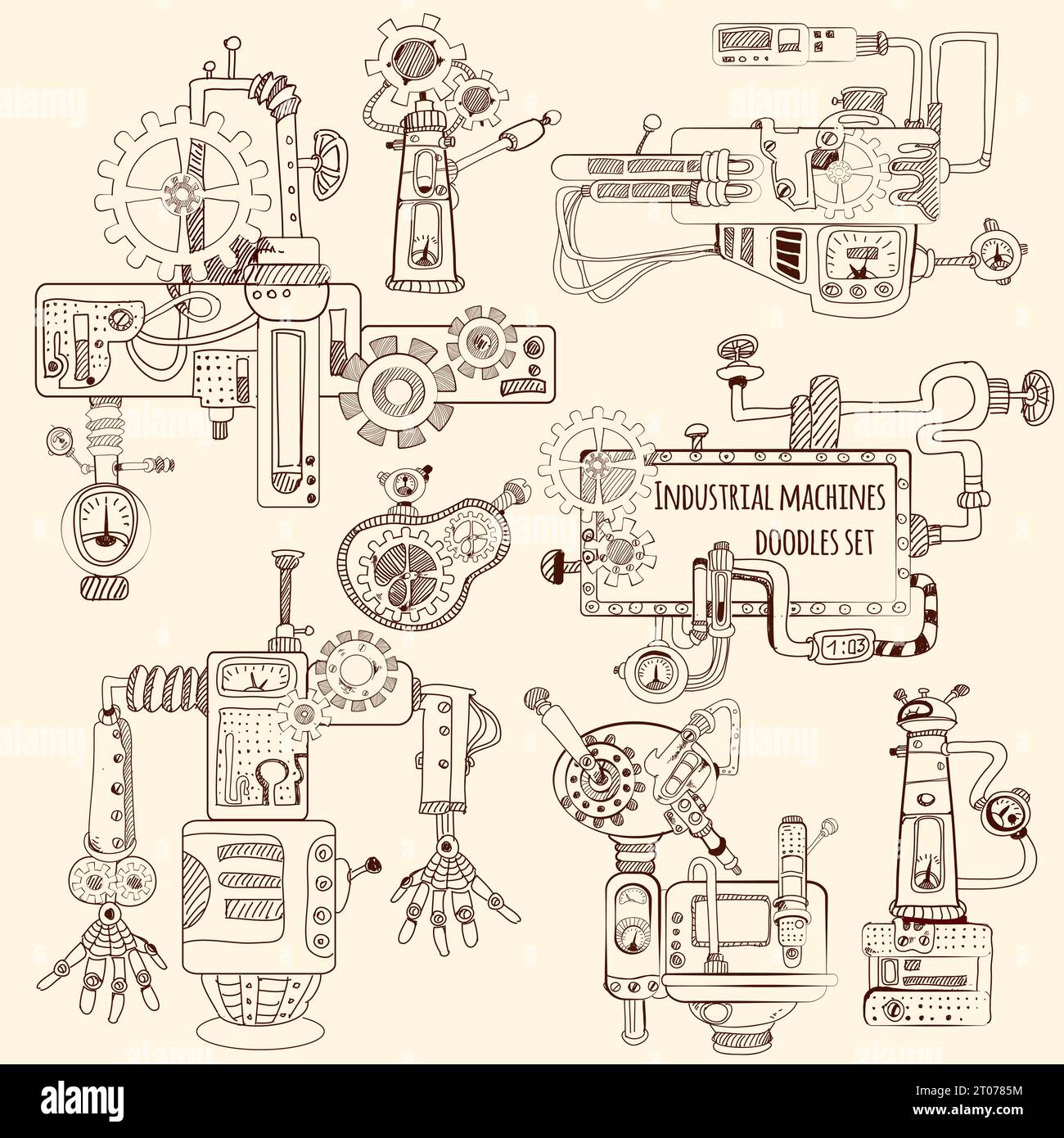 Industrial machines engines and robots doodles set isolated vector ...