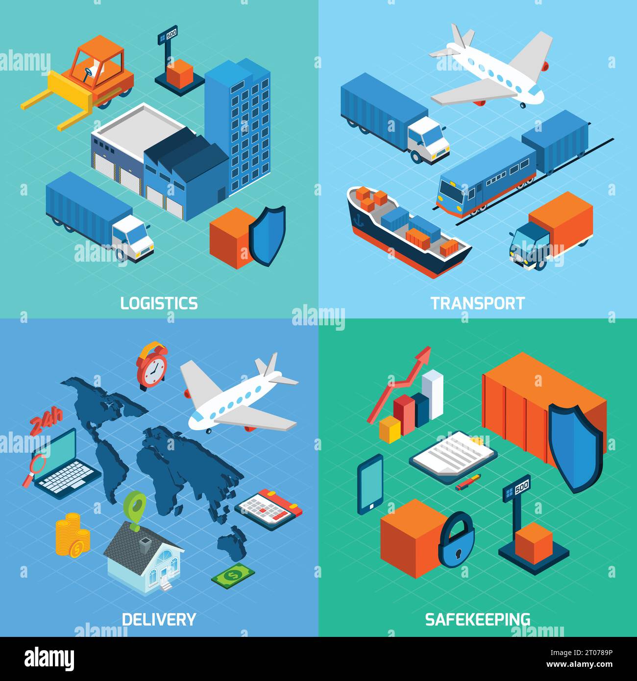 Logistics isometric set with transport safekeeping delivery 3d icons ...