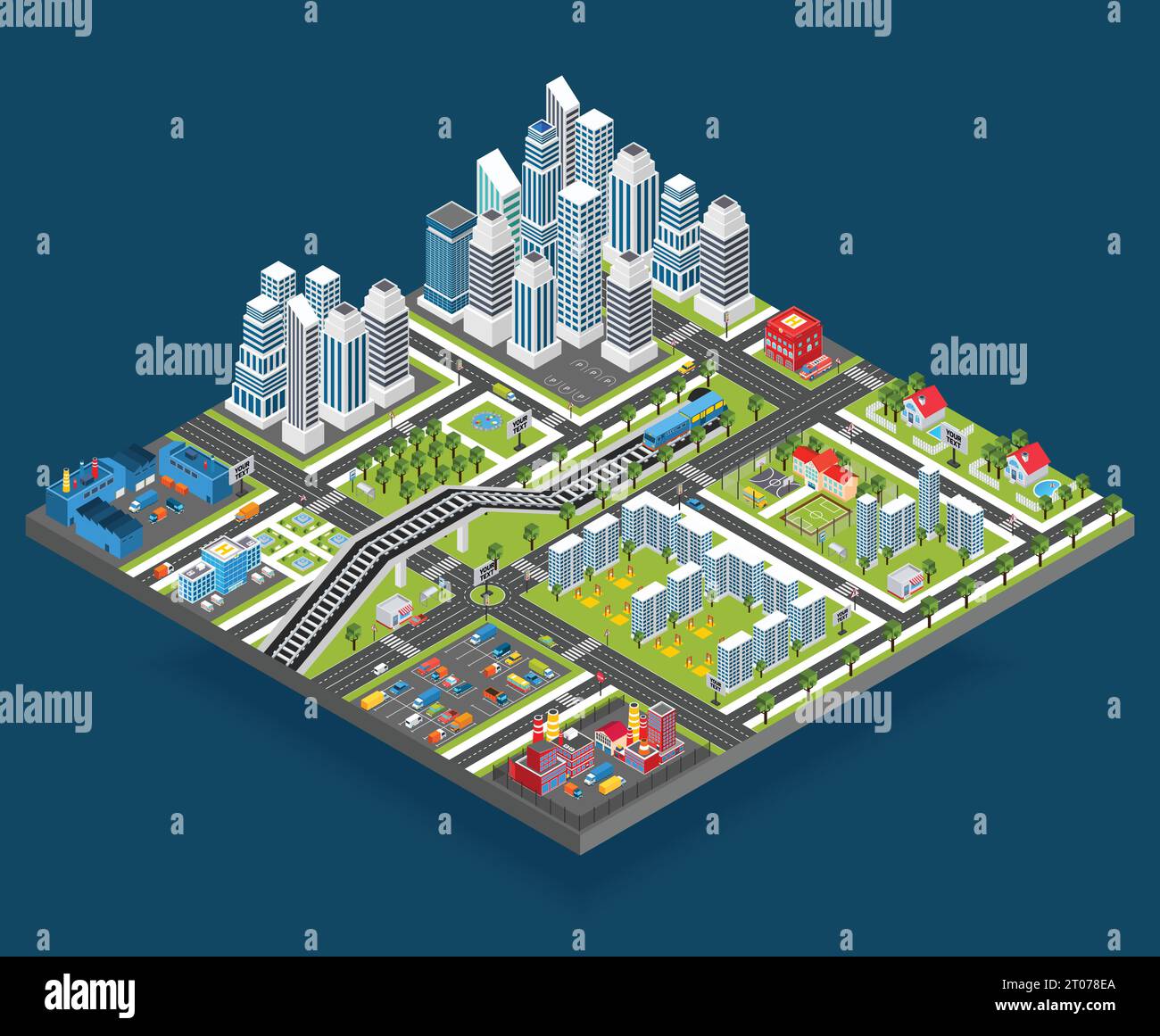 Isometric city with 3d houses manufacture office and store building ...