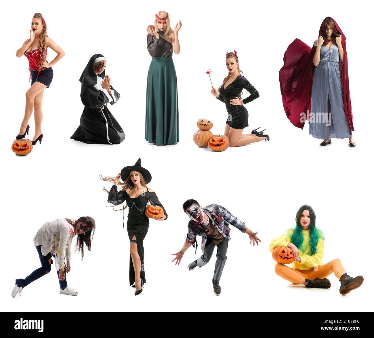 Set of many people in Halloween costumes on white background Stock ...