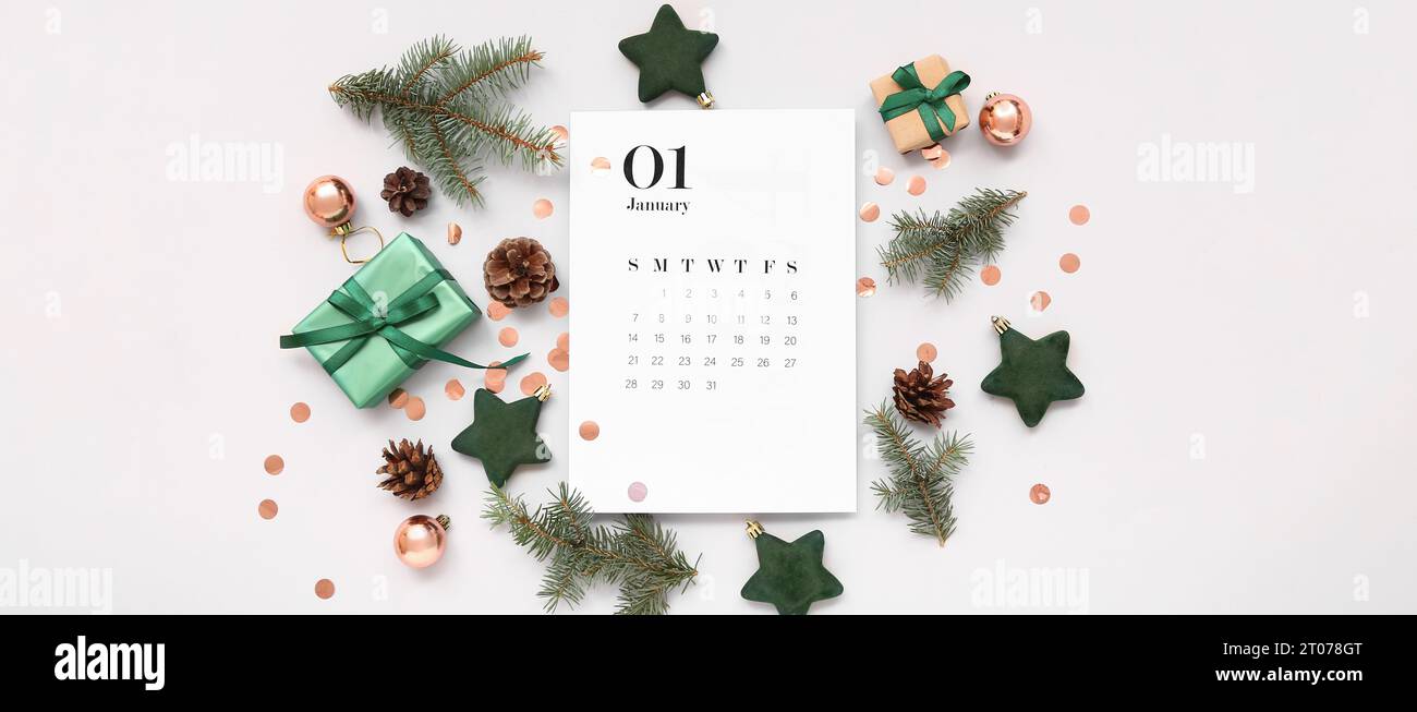 Paper calendar for January 1 with gift boxes and Christmas decorations ...