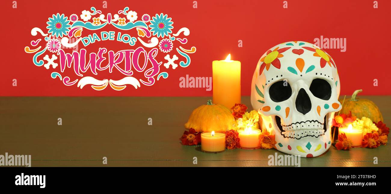 Greeting banner for Mexico's Day of the Dead (El Dia de Muertos) with ...