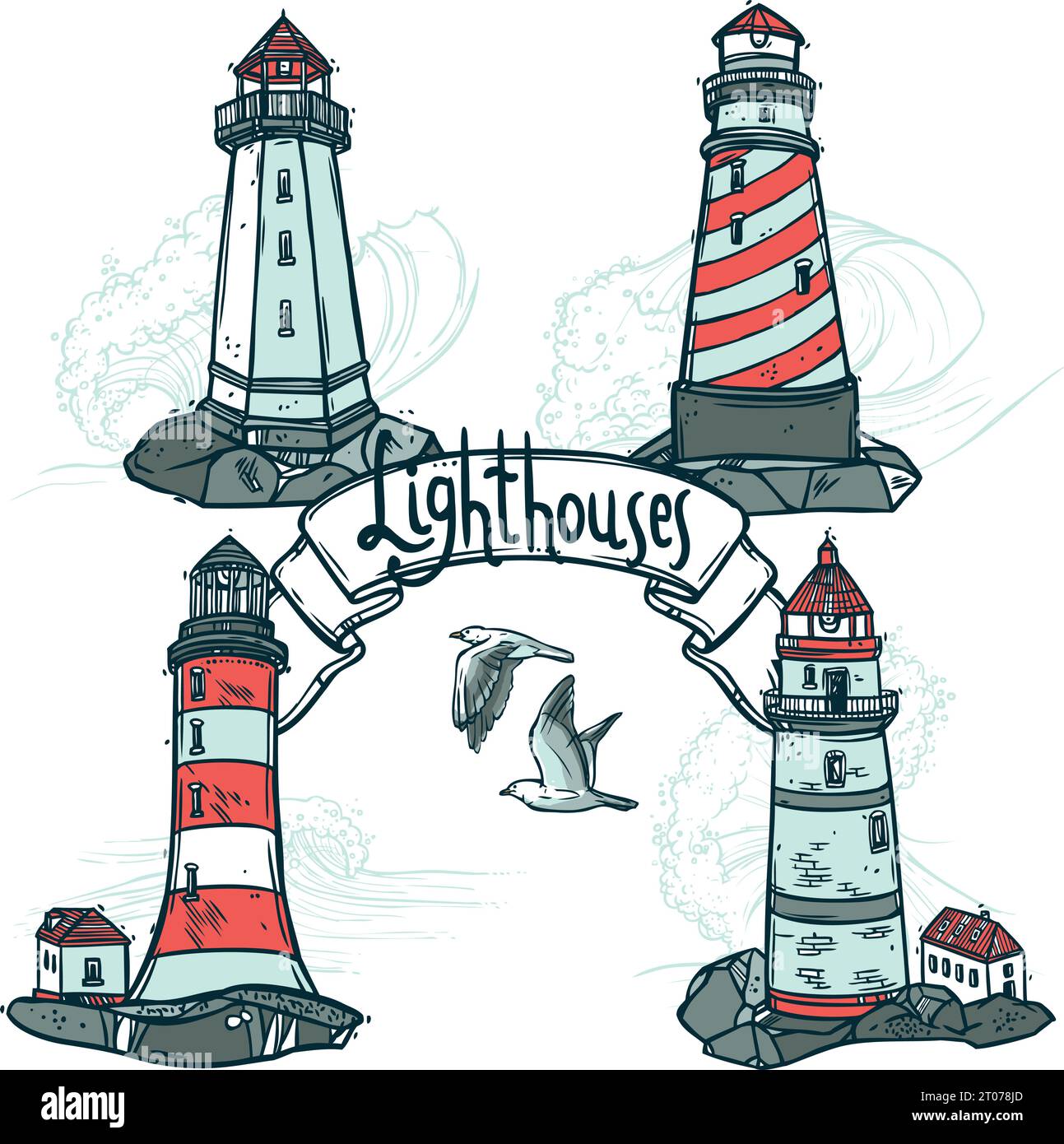 Lighthouse sketch set with seagulls and sea waves on background vector illustration Stock Vector ...