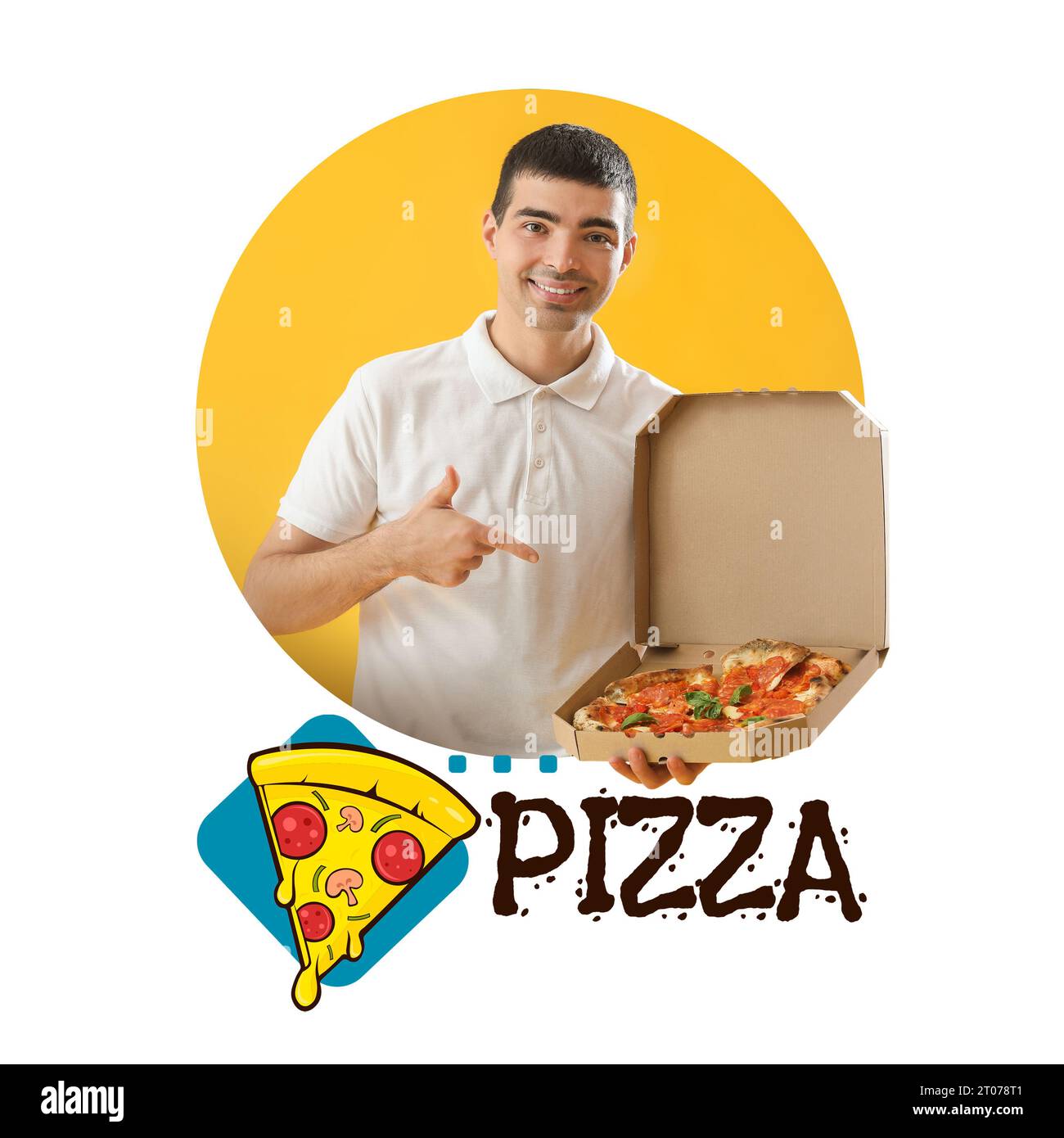 Young man pointing at box of tasty pizza on white background Stock ...