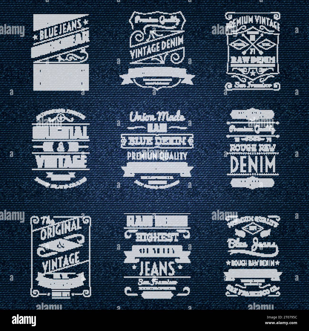 Denim jeans white typography labels set isolated vector illustration ...