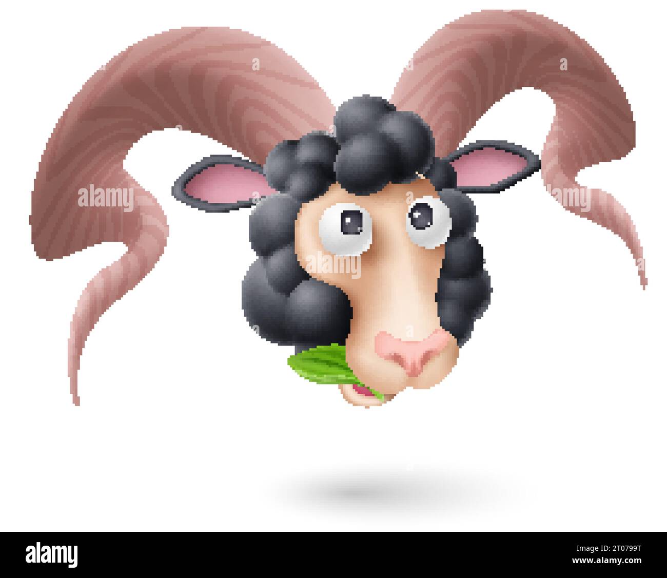 Black Ram Head with Curls and Big Horns is Eating Green Leaf. Funny ...