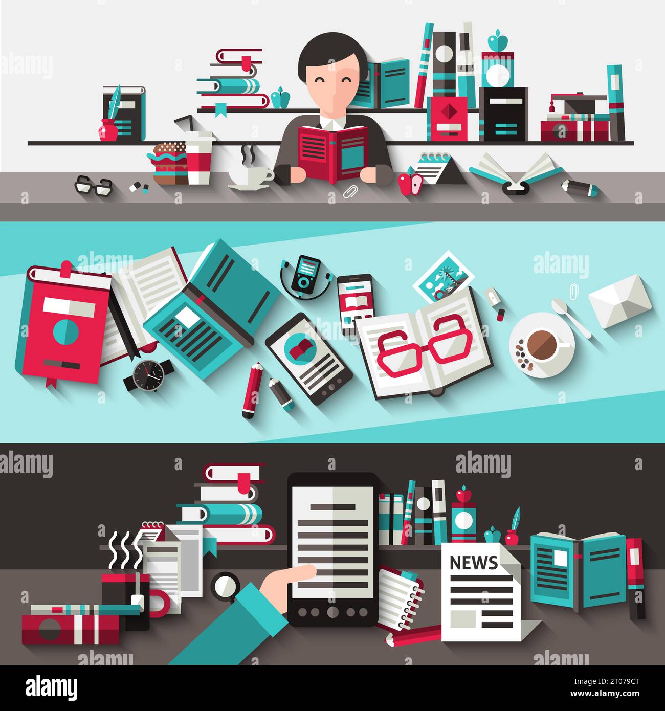 Books banners horizontal set with person reading isolated vector ...