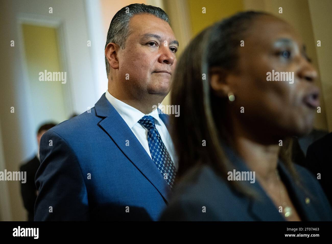 Washington, USA. 04th Oct, 2023. Senator Alex Padilla (D-CA) listens as ...
