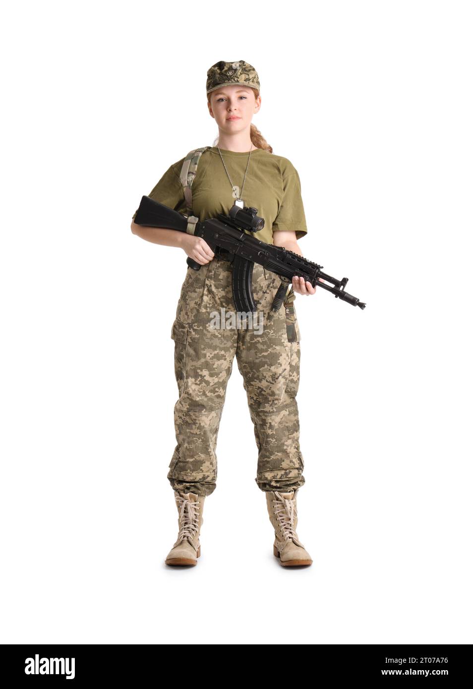 Young female soldier with assault rifle isolated on white Stock Photo ...