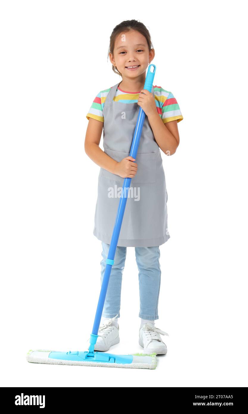 Cute little janitor with mop on white background Stock Photo - Alamy