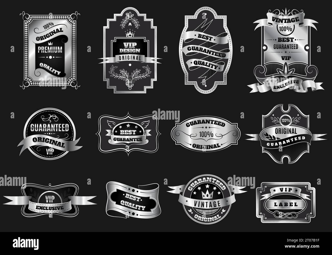 Original retro best quality old fashioned silver on black emblems ...