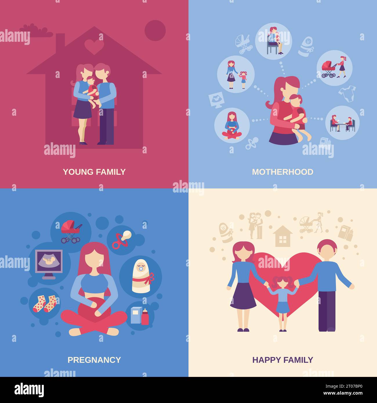 Motherhood design concept set with young happy family flat icons ...