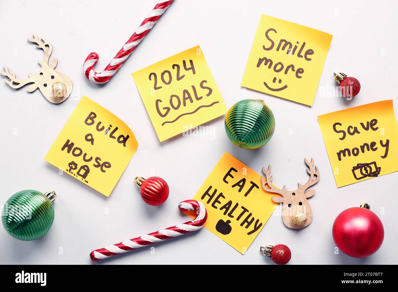 Sticky notes with different goals for 2024 and Christmas decorations on ...