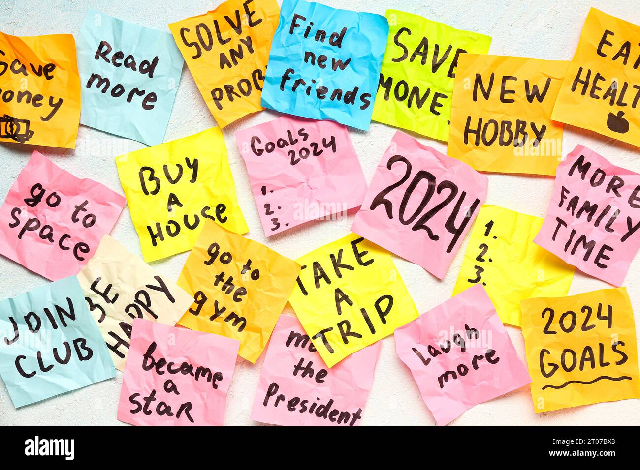 Sticky notes with different goals for 2024 on gradient background Stock ...