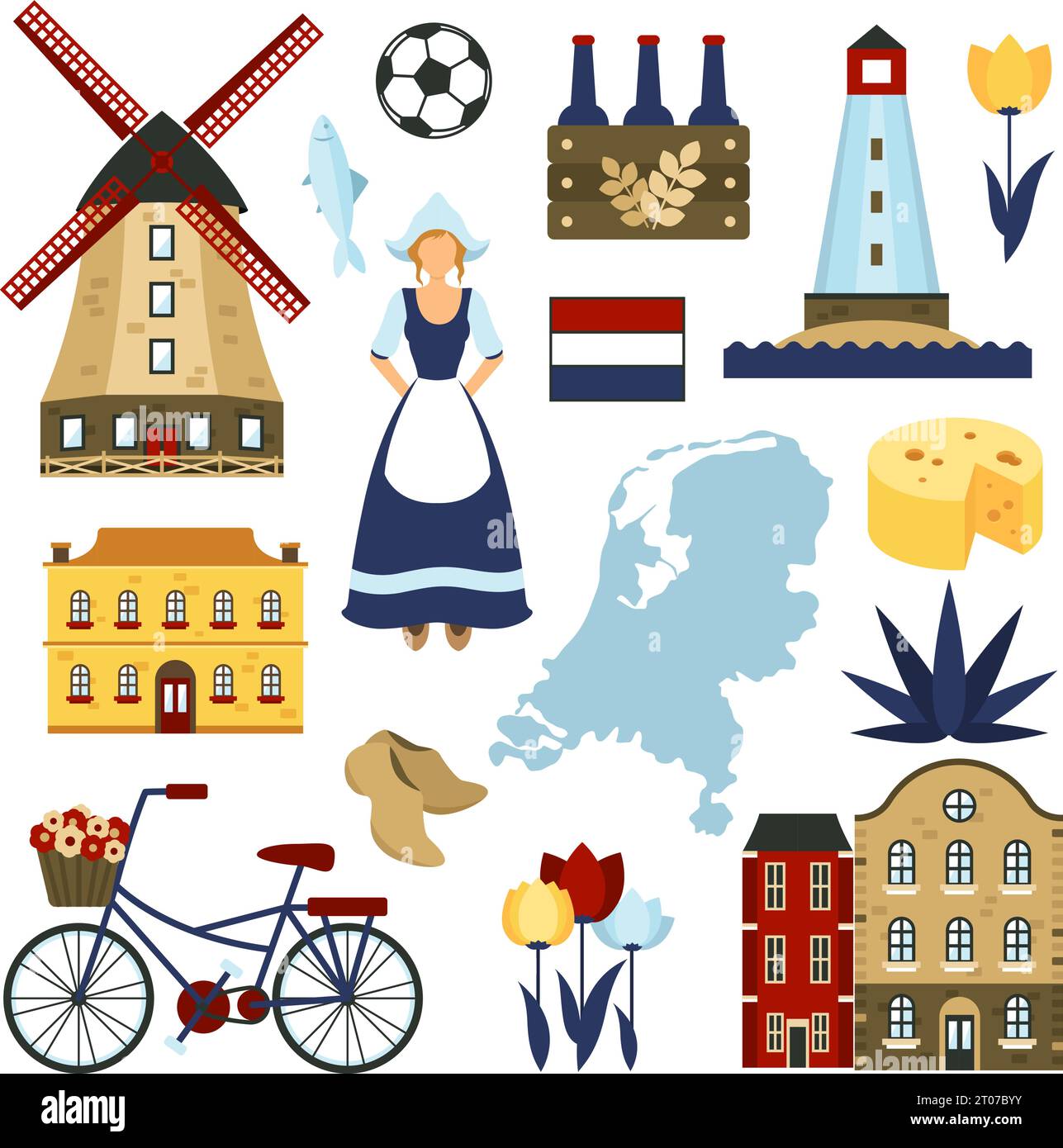 Netherlands symbols set with windmills bicycle cheese isolated vector ...