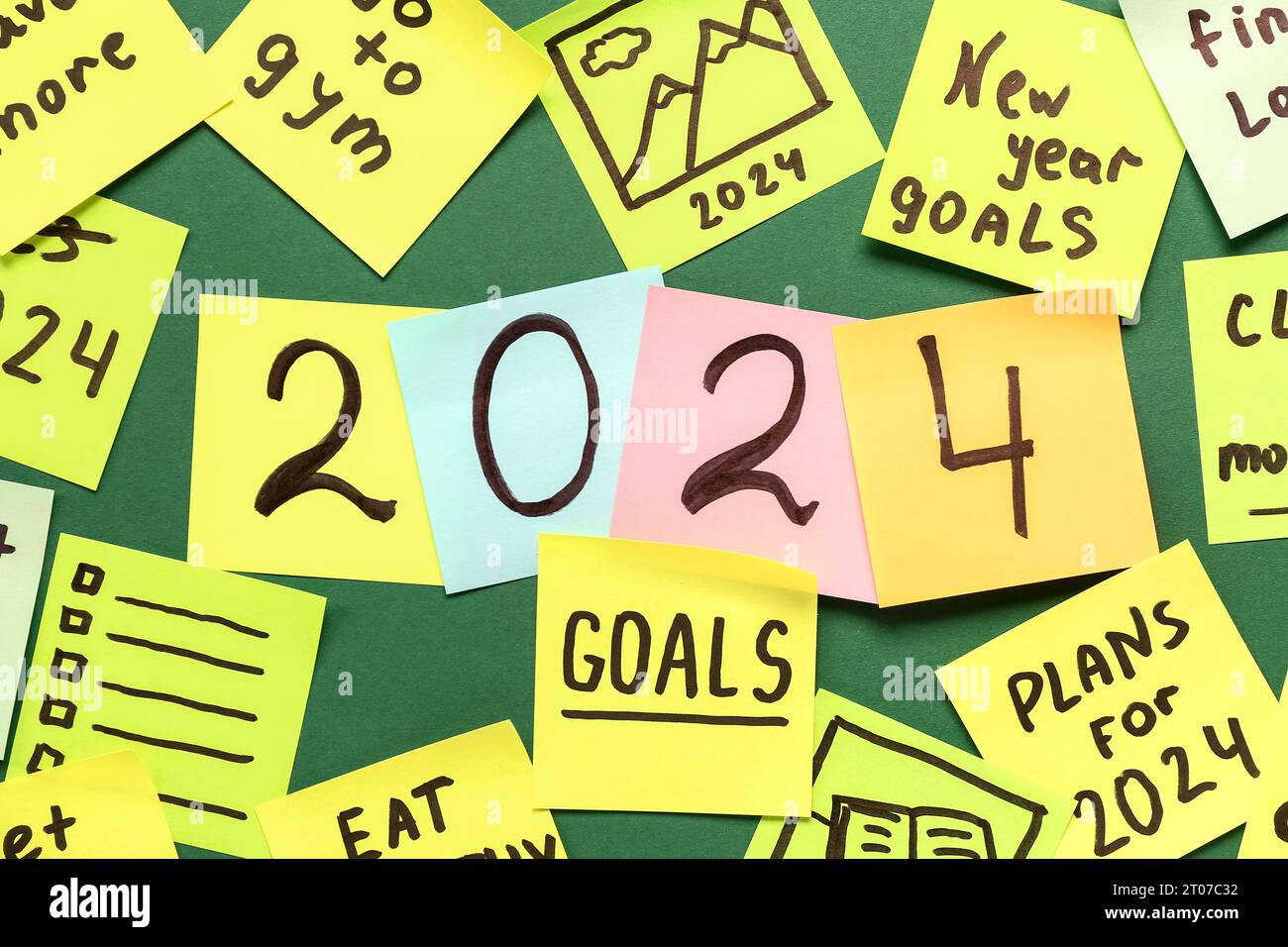 Sticky notes with different goals for 2024 on green background Stock ...