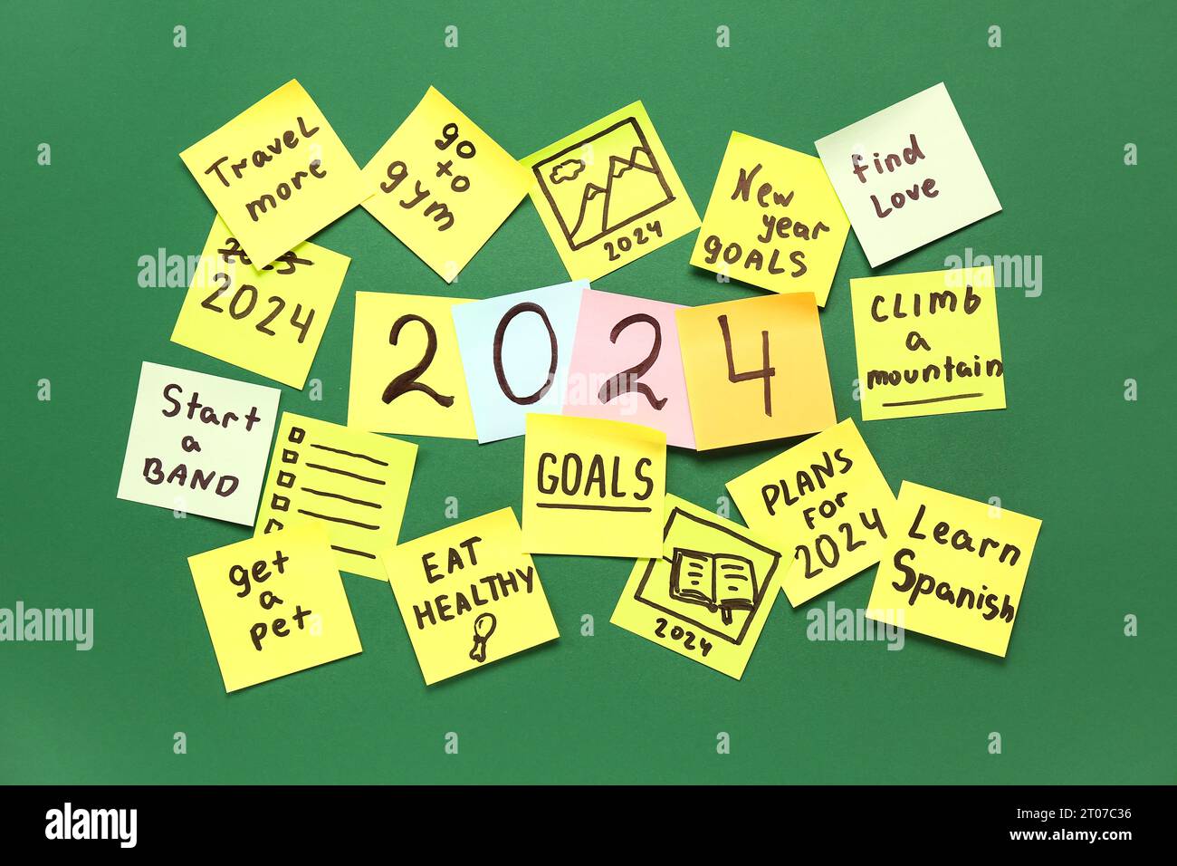 Sticky notes with different goals for 2024 on green background Stock ...