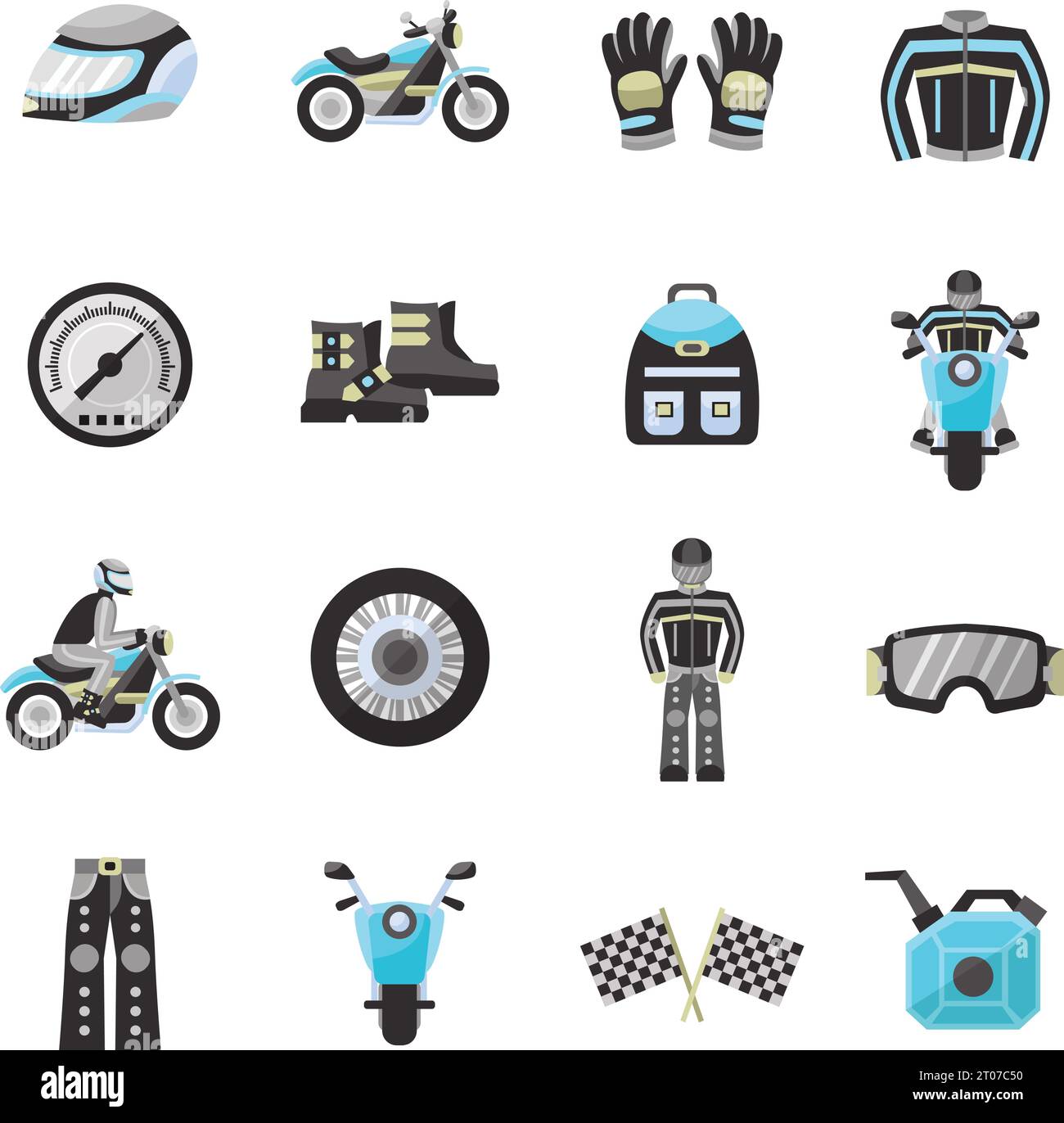 Motor bike rider flat icons set with helmet speedometer wheel isolated ...
