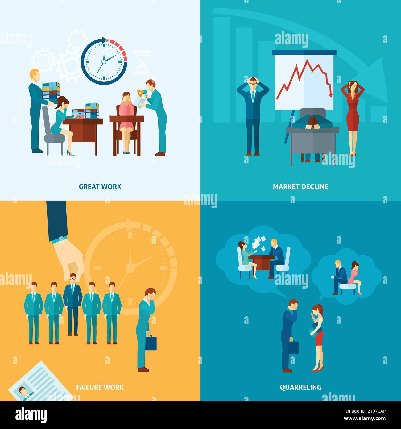 Stress at work design concept set with market decline frustration and ...