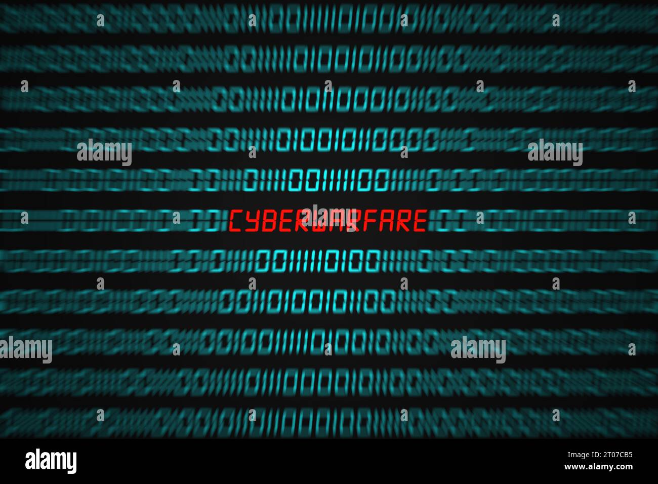 Zoom on the red word "Cyberwarfare" hidden in the middle of a binary ...