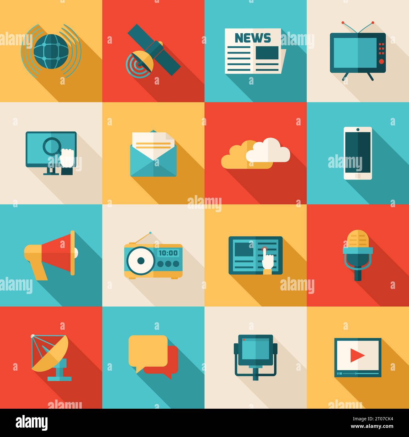 Media communication flat long shadow icons set isolated vector ...