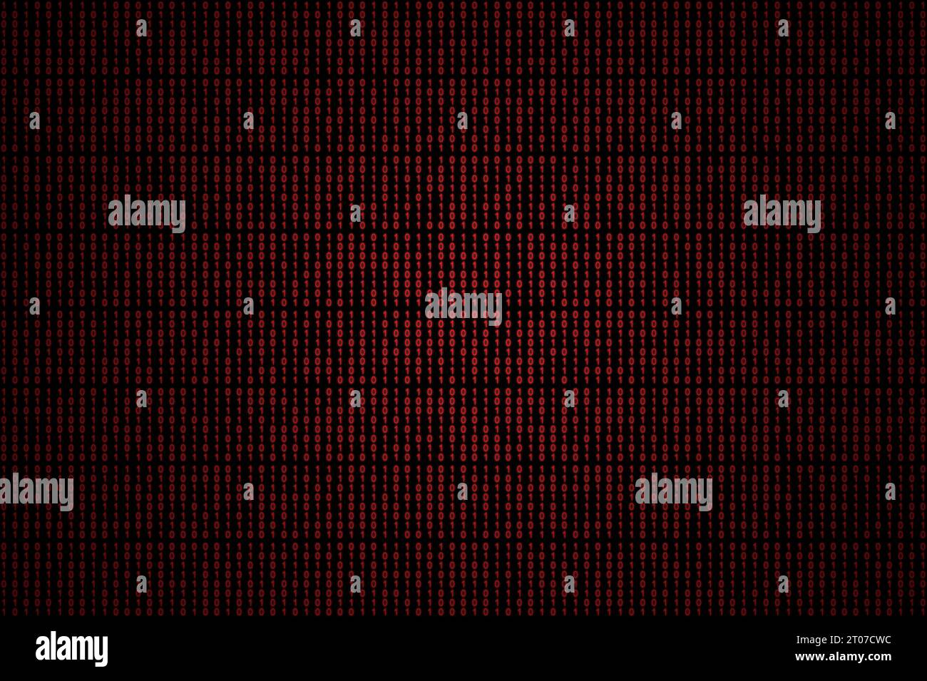 Red binary code background with a light effect in the center on a black ...