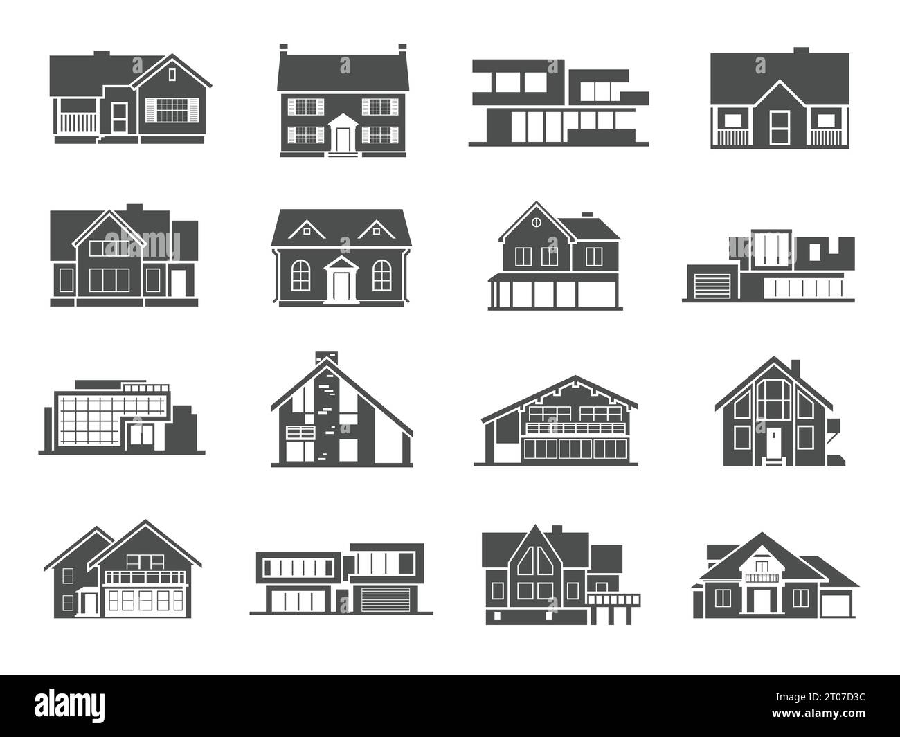 Modern houses and cottages diversity flat grey icons set isolated ...