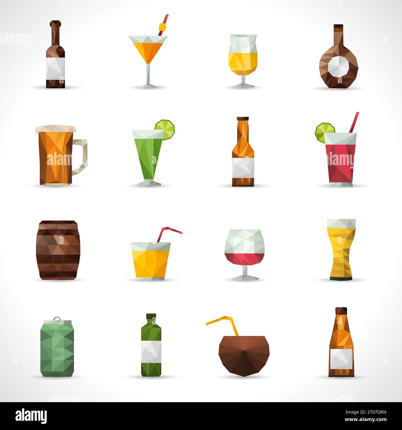 Alcohol drinks polygonal icons set with beer bottle cocktail glass ...