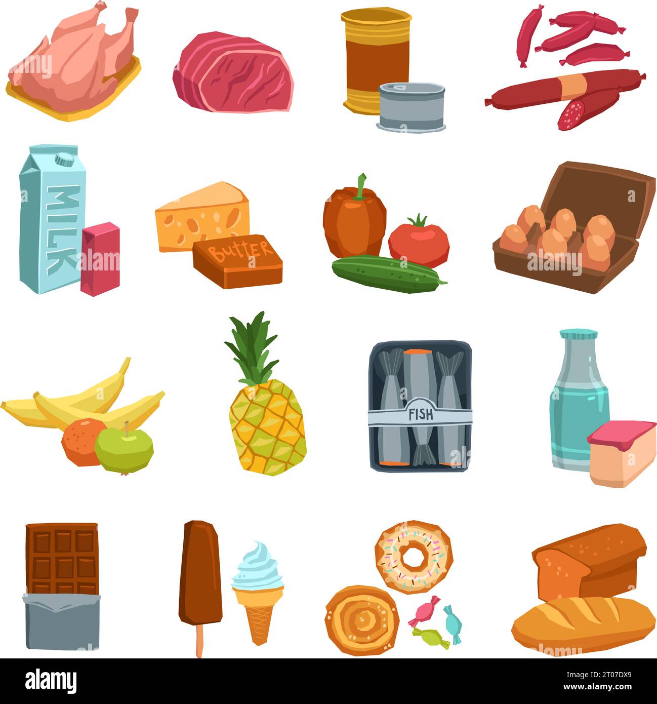 Supermarket food and drinks set with ham milk chicken isolated vector ...