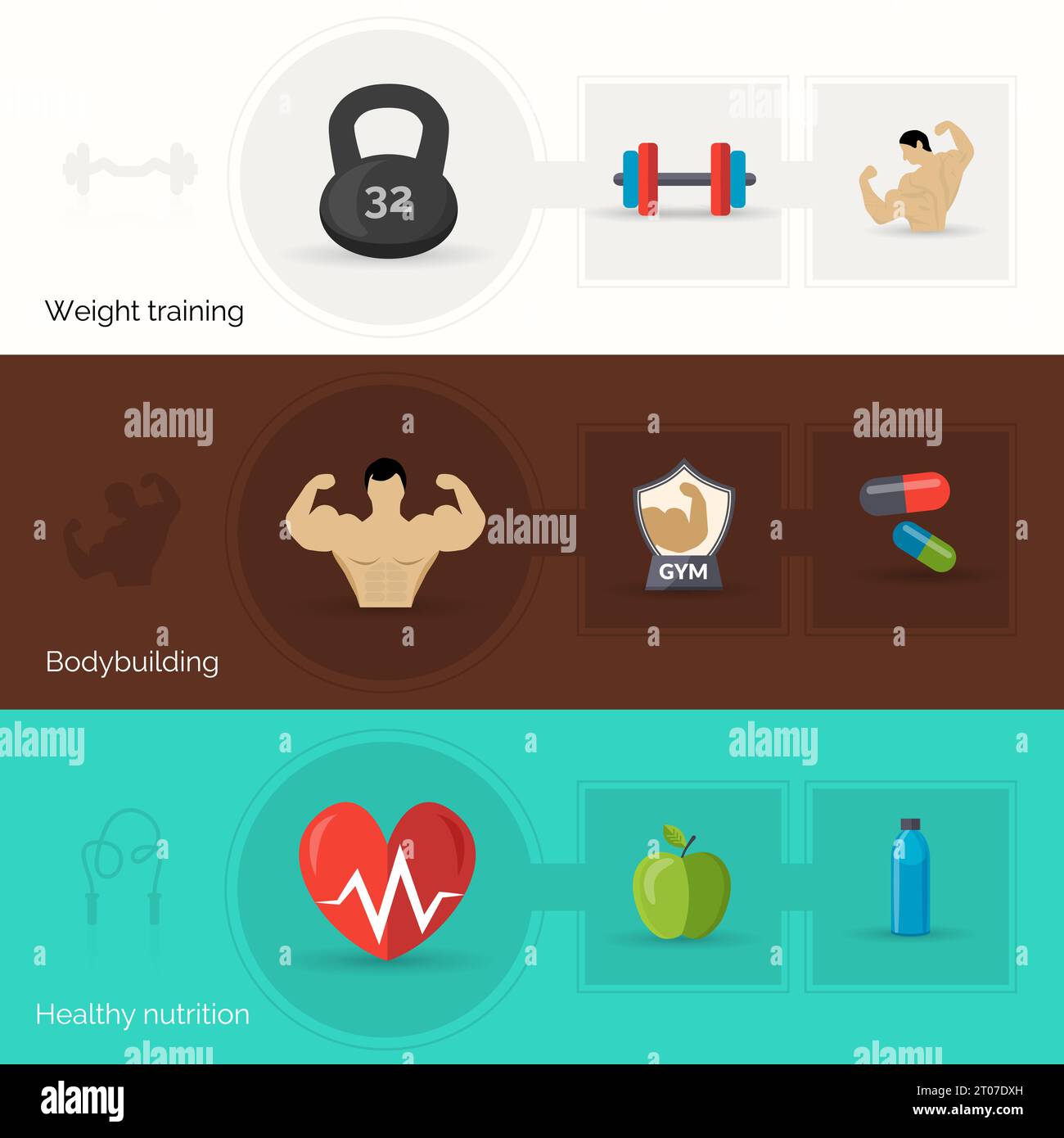Bodybuilding horizontal banner set with weight training and healthy ...