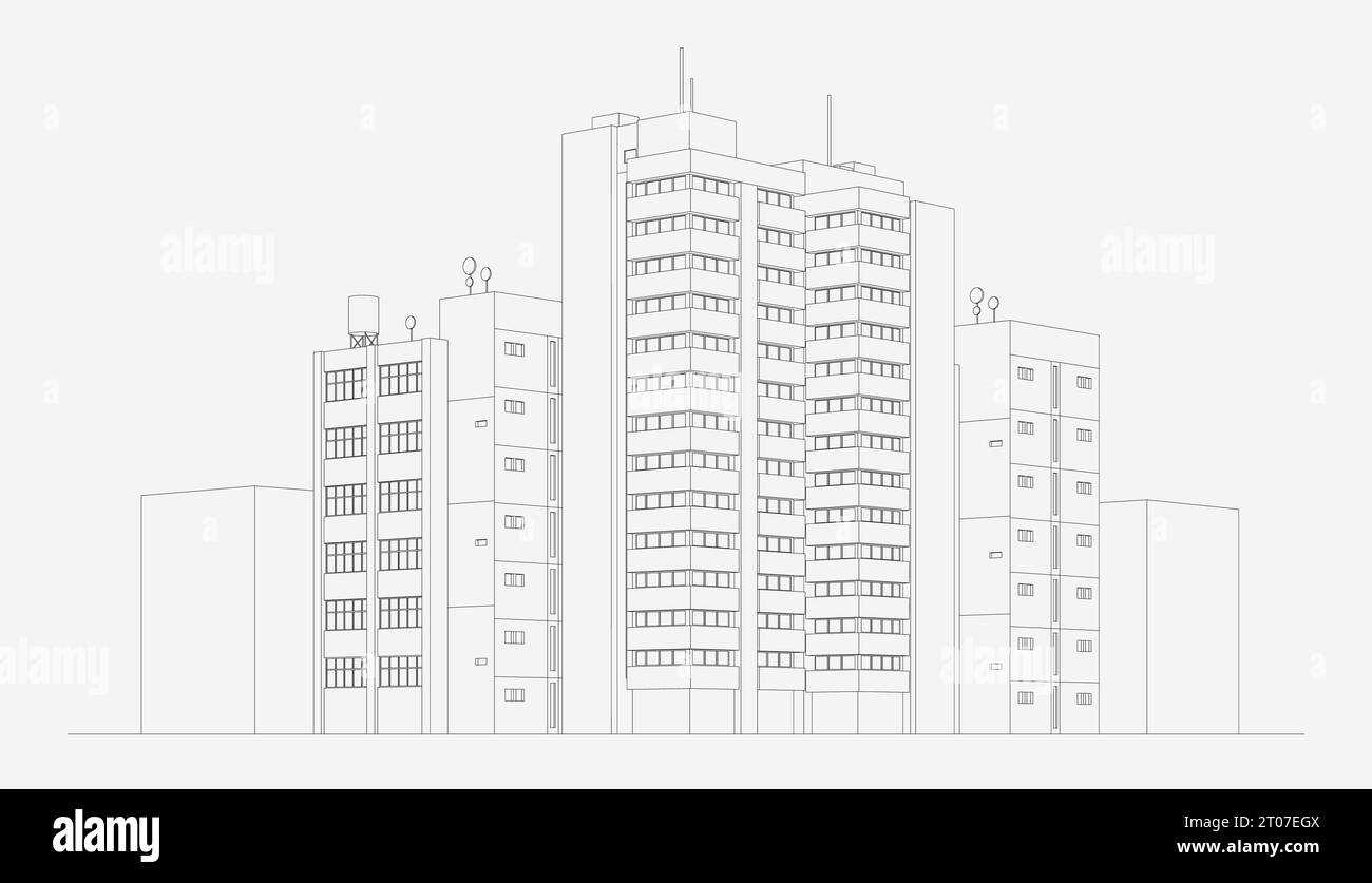 City architecture apartment building block with tower and skyscraper ...