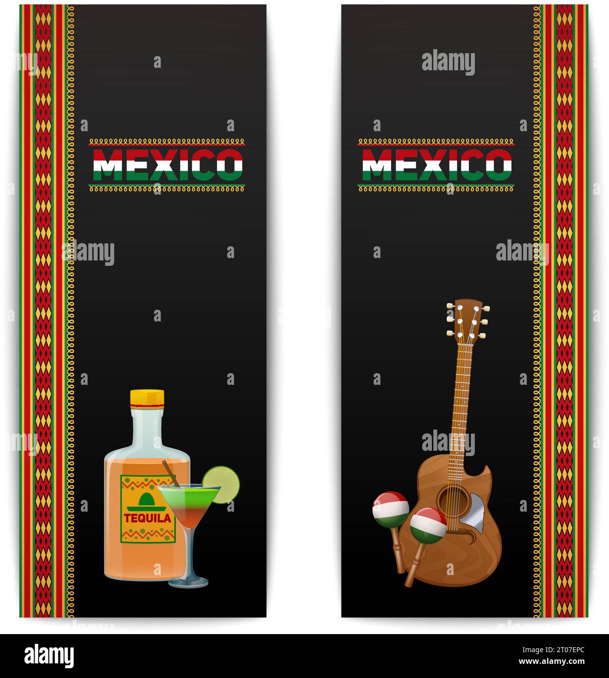 Mexican banners vertical set with tequila cocktail maraca and guitar ...