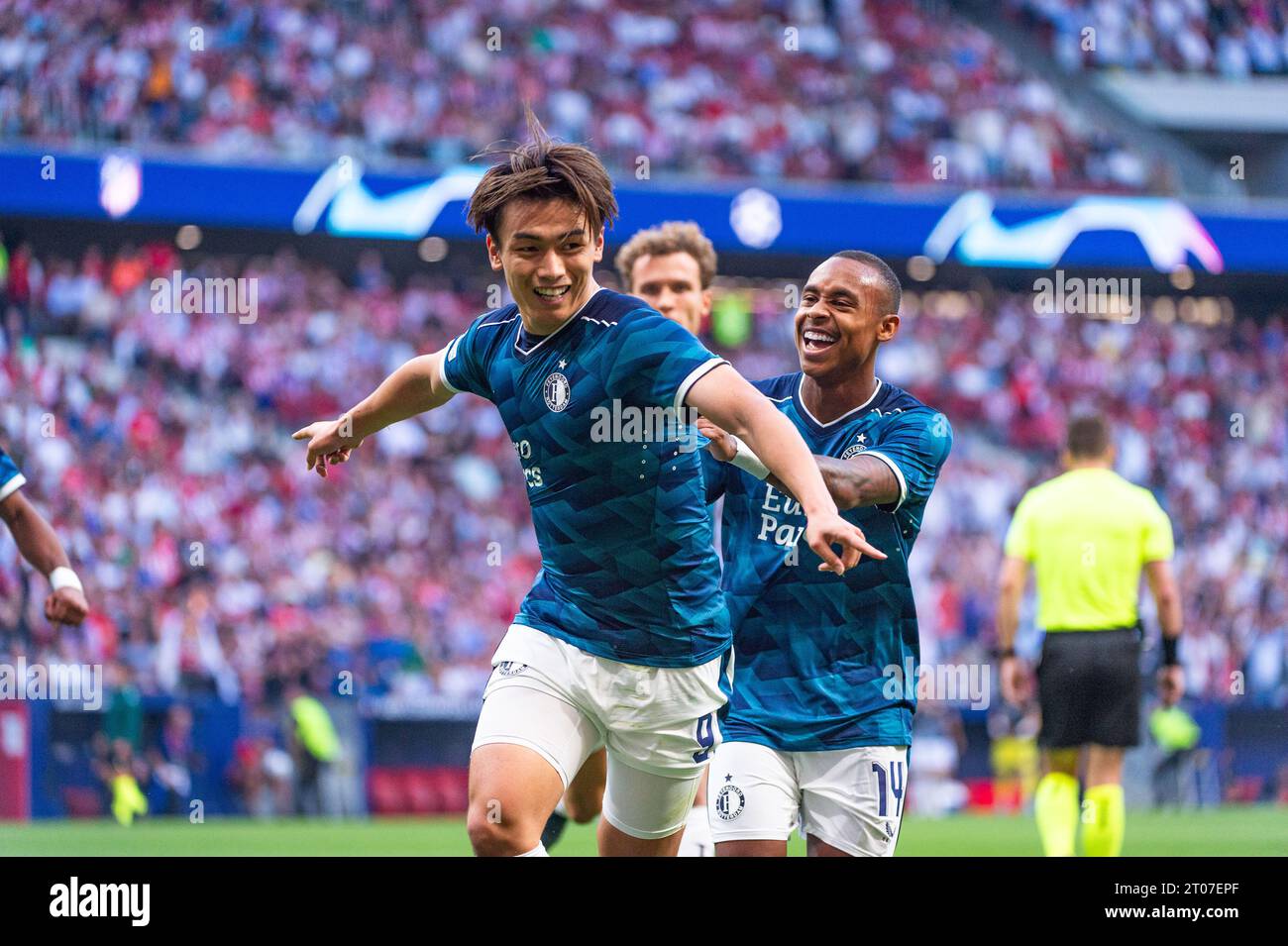 Madrid, Spain. 04th Oct, 2023. Ayase Ueda (Feyenoord) (L) celebrates a ...