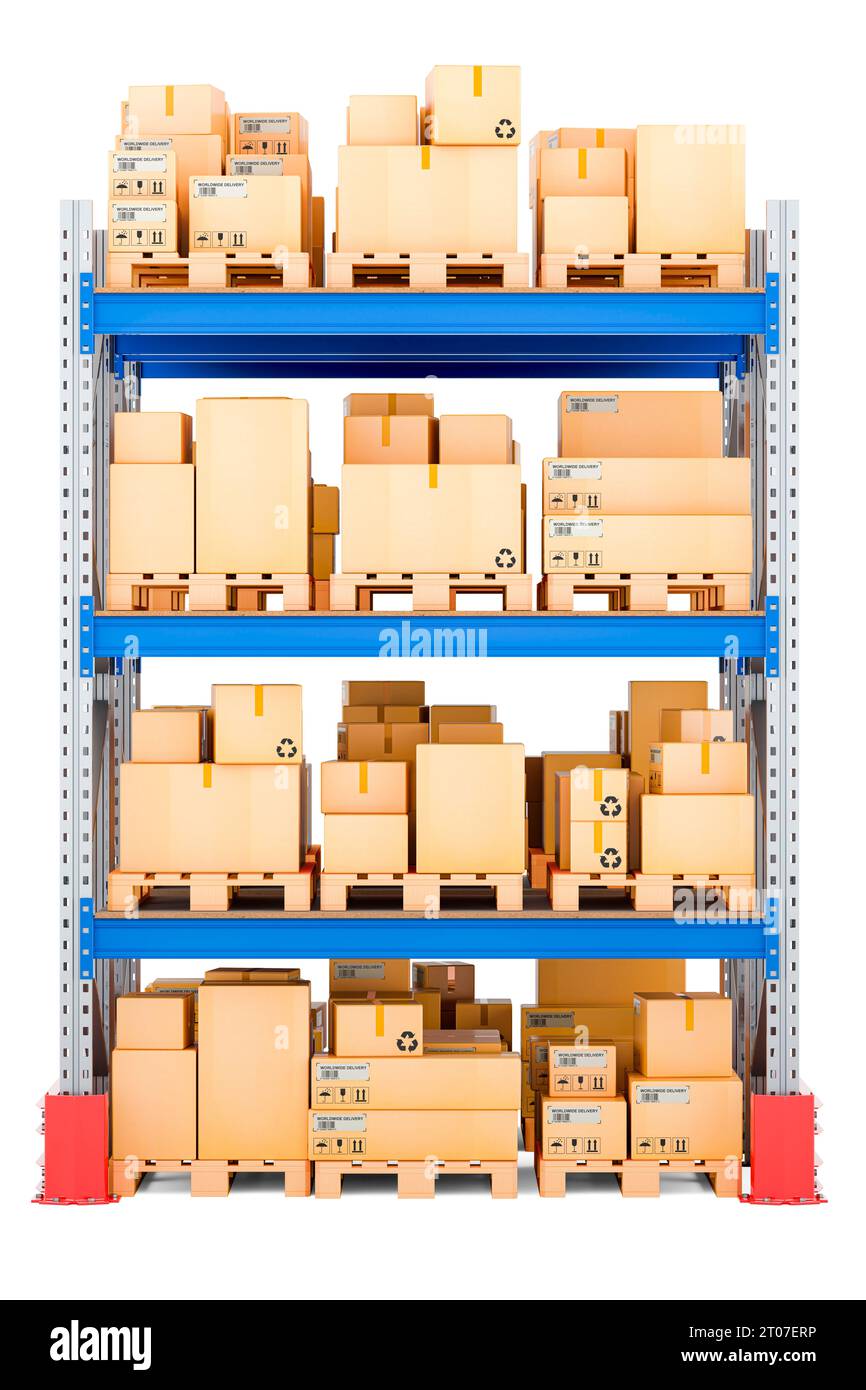 Pallet rack full of cardboard boxes and parcels, 3D rendering isolated on white background Stock ...