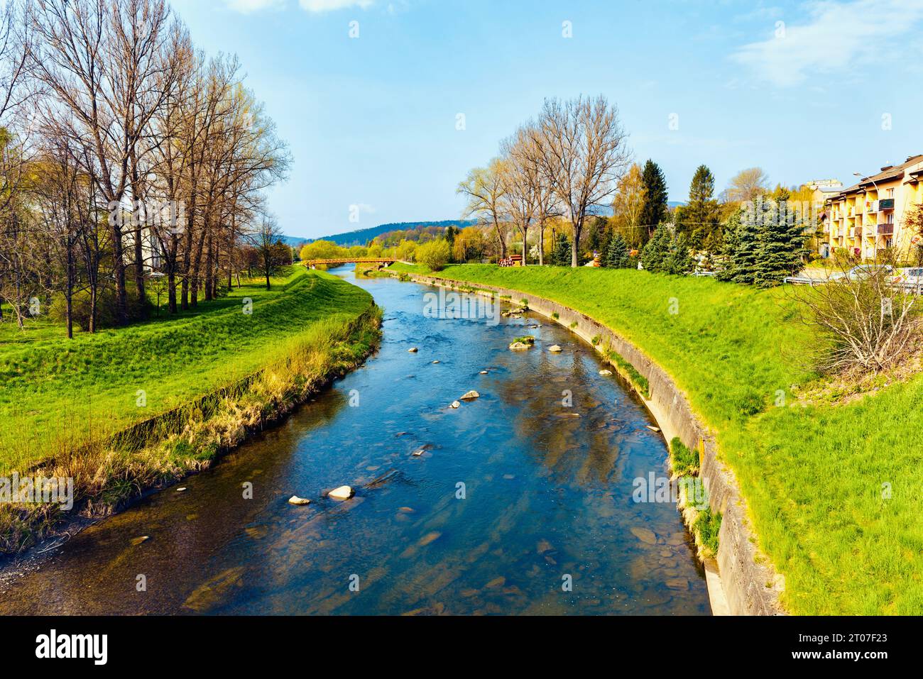View of the mountain river Ropa, on the banks of which is the ancient ...