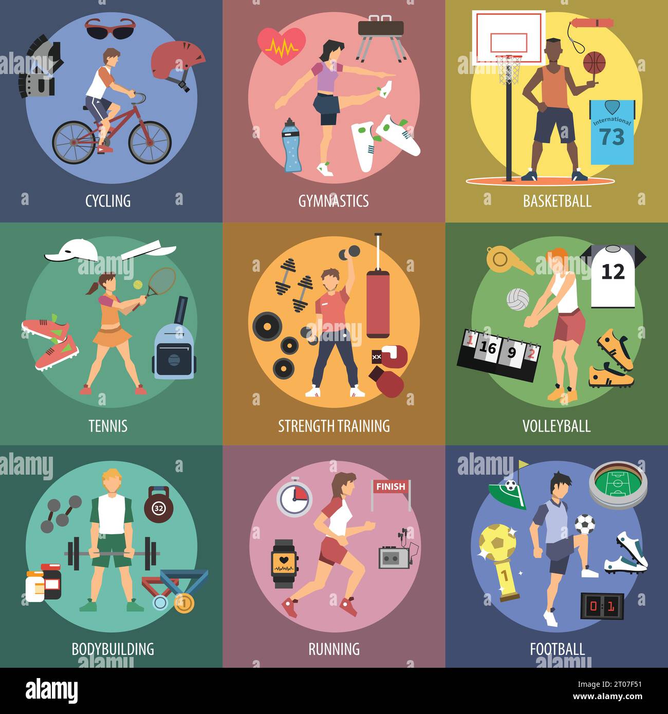 Sport people design concepts set with cycling gymnastics basketball ...