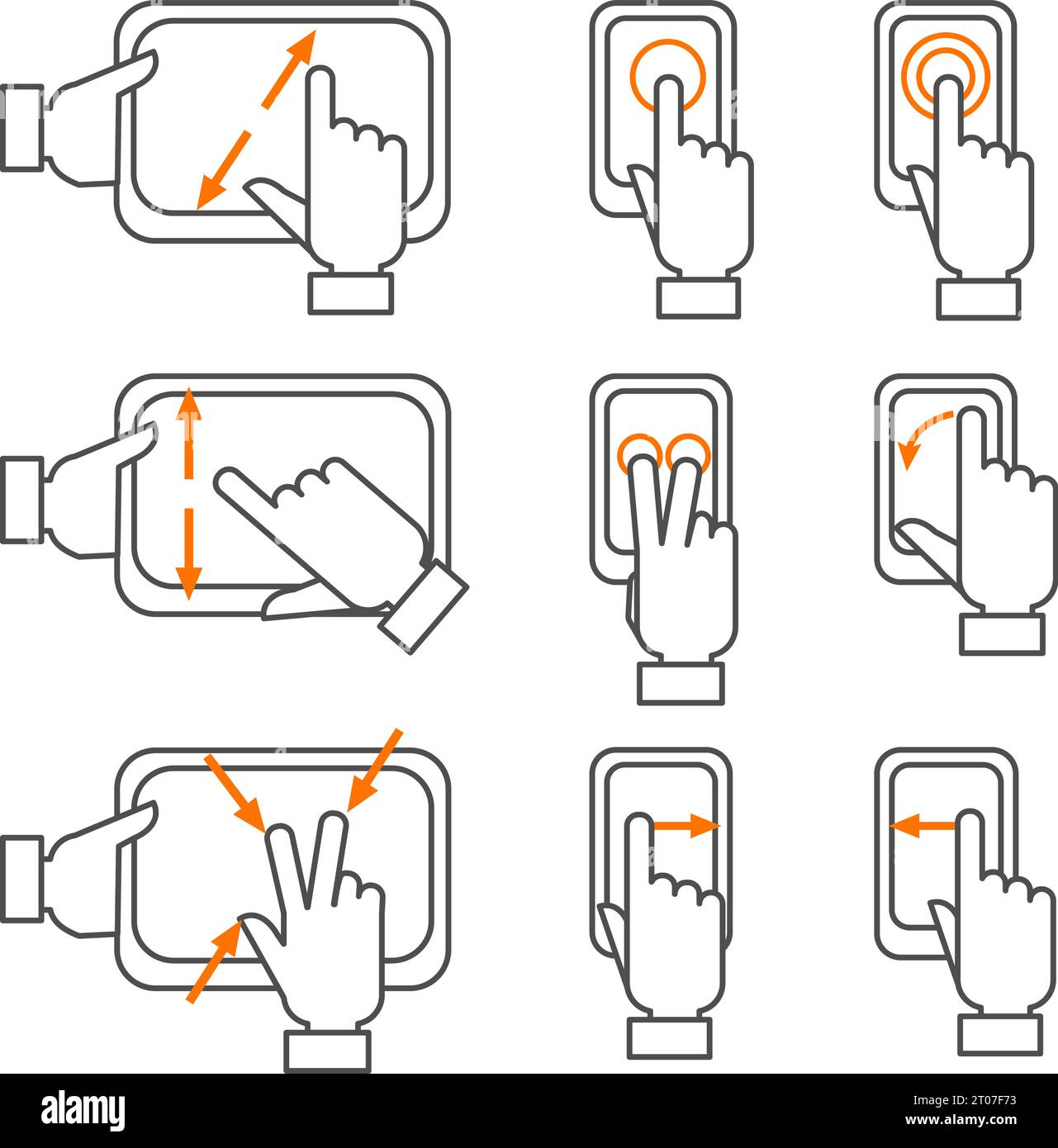 Smartphone gestures with touchscreen orange black outline icons set flat isolated vector ...
