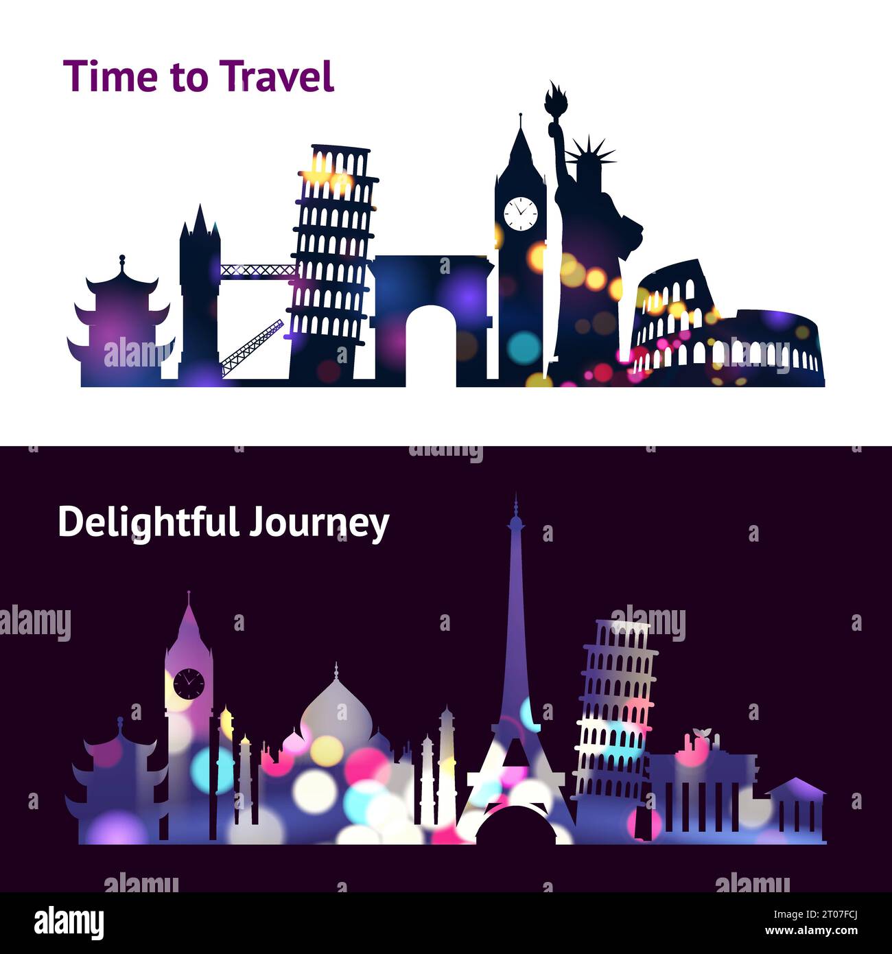 Travel horizontal banners set with world landmark silhouettes in ...